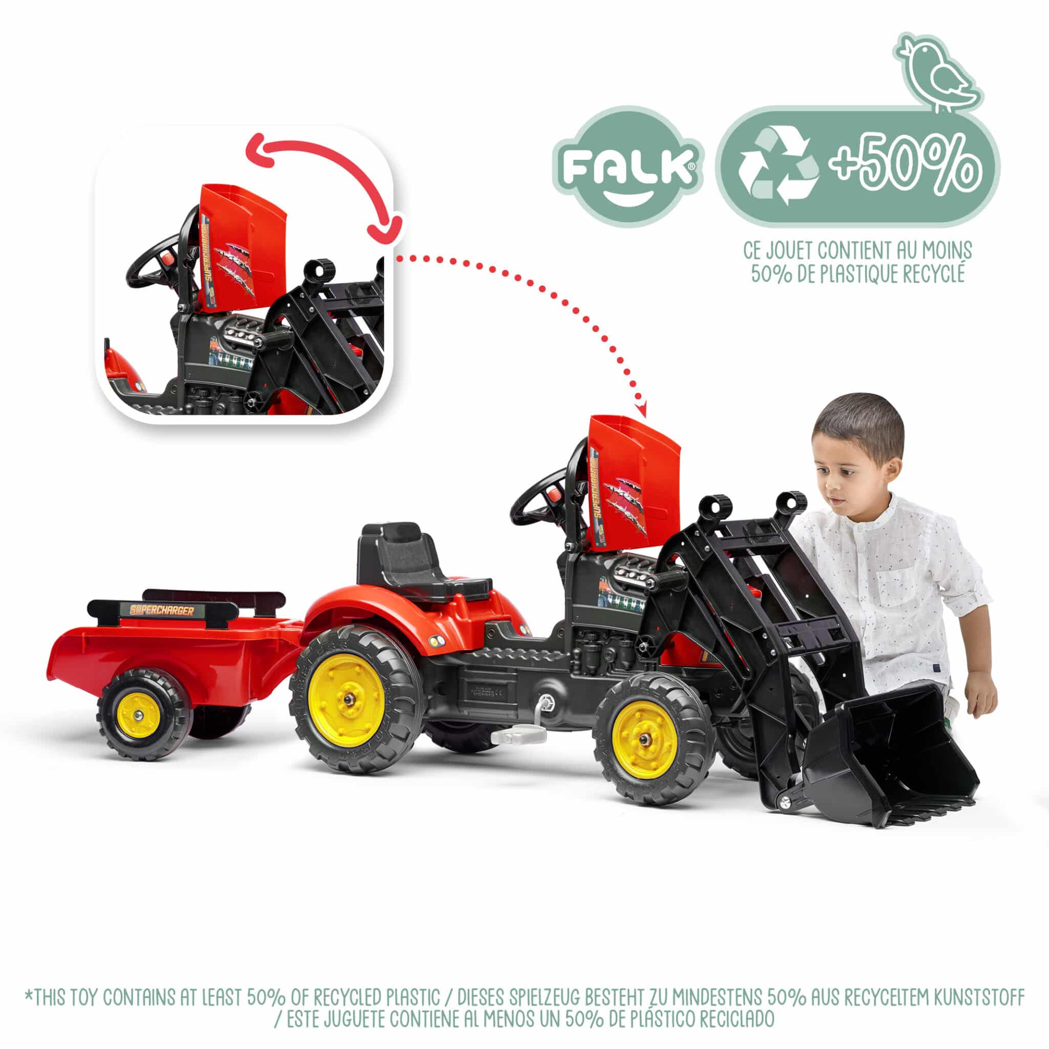 Red Supercharger pedal backhoe with opening bonnet and trailer | FALK ...