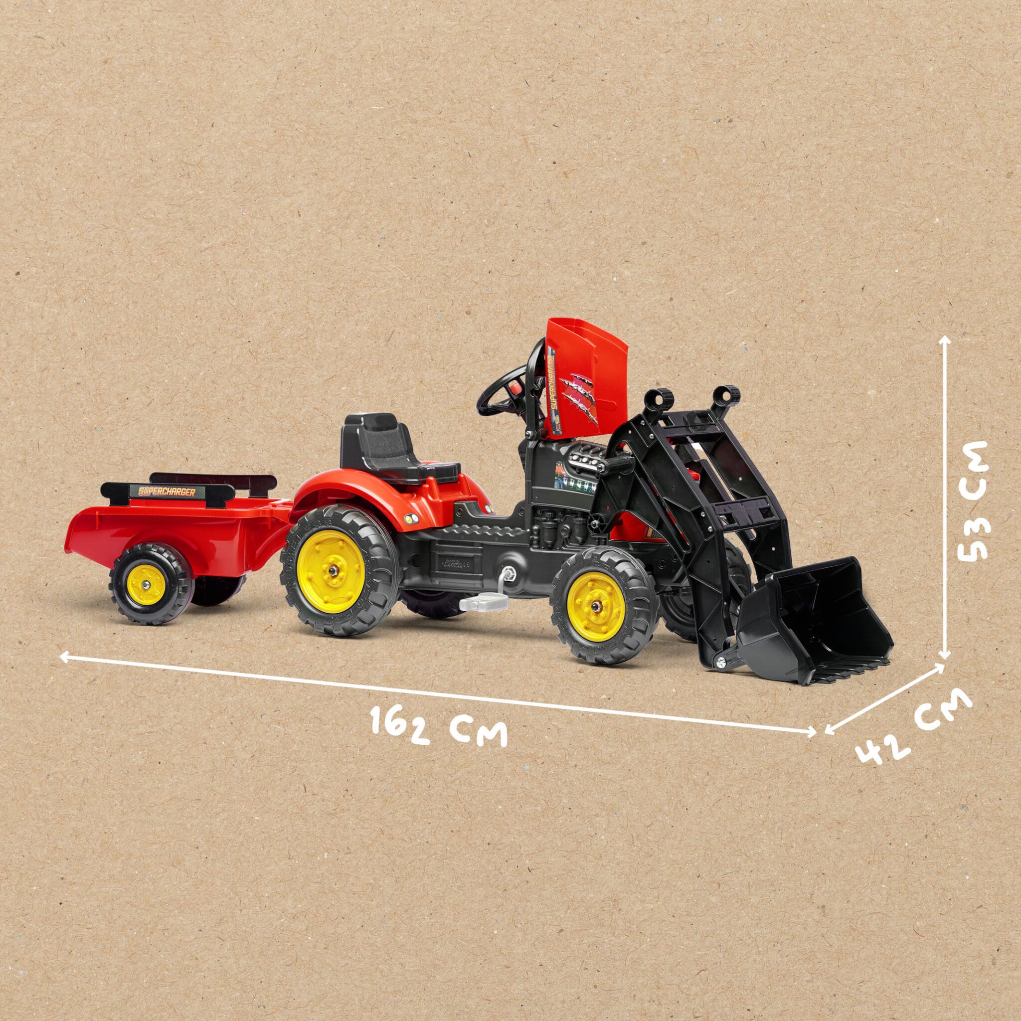 Red Supercharger pedal backhoe with opening bonnet and trailer | FALK ...