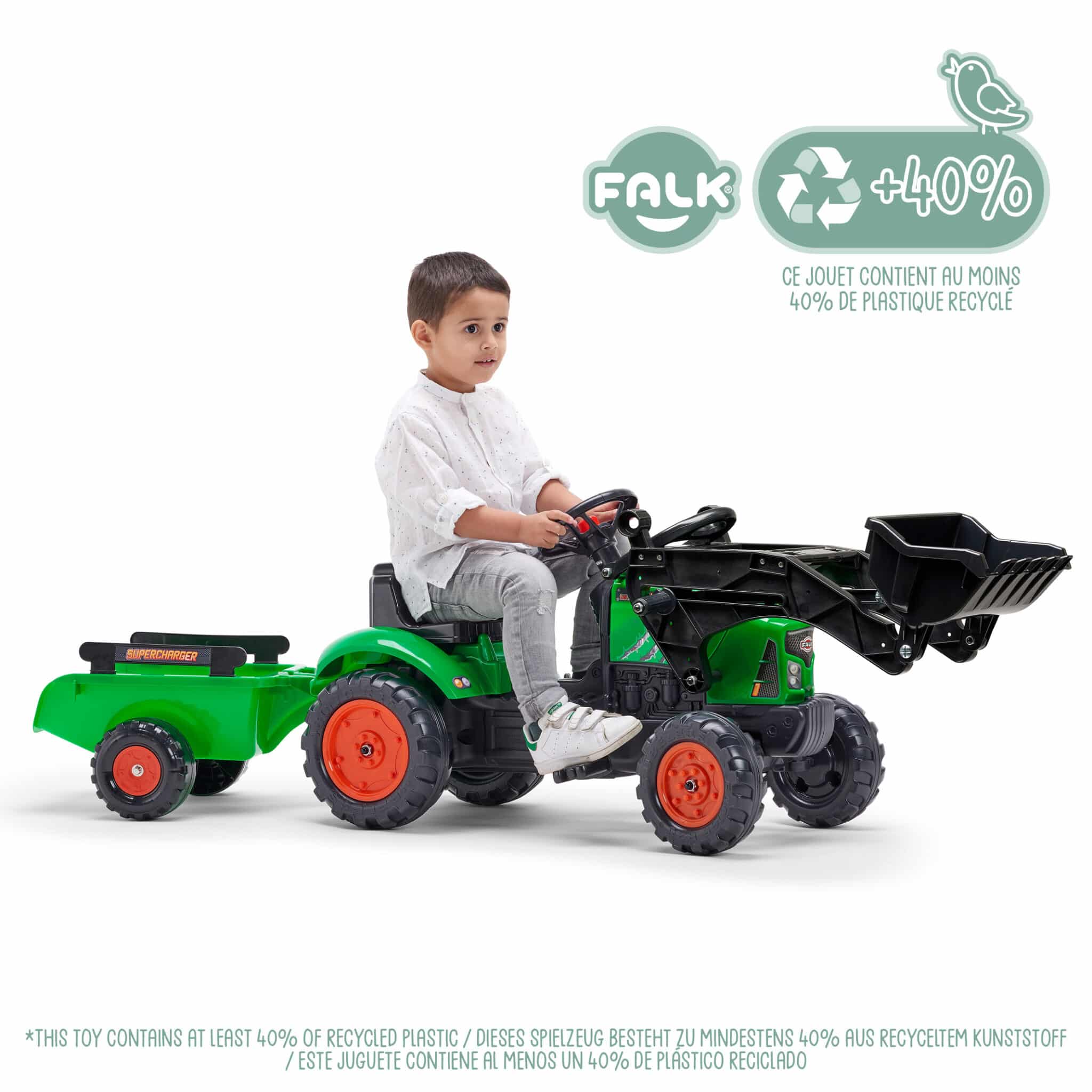 Green Supercharger pedal backhoe with opening bonnet and trailer | FALK ...