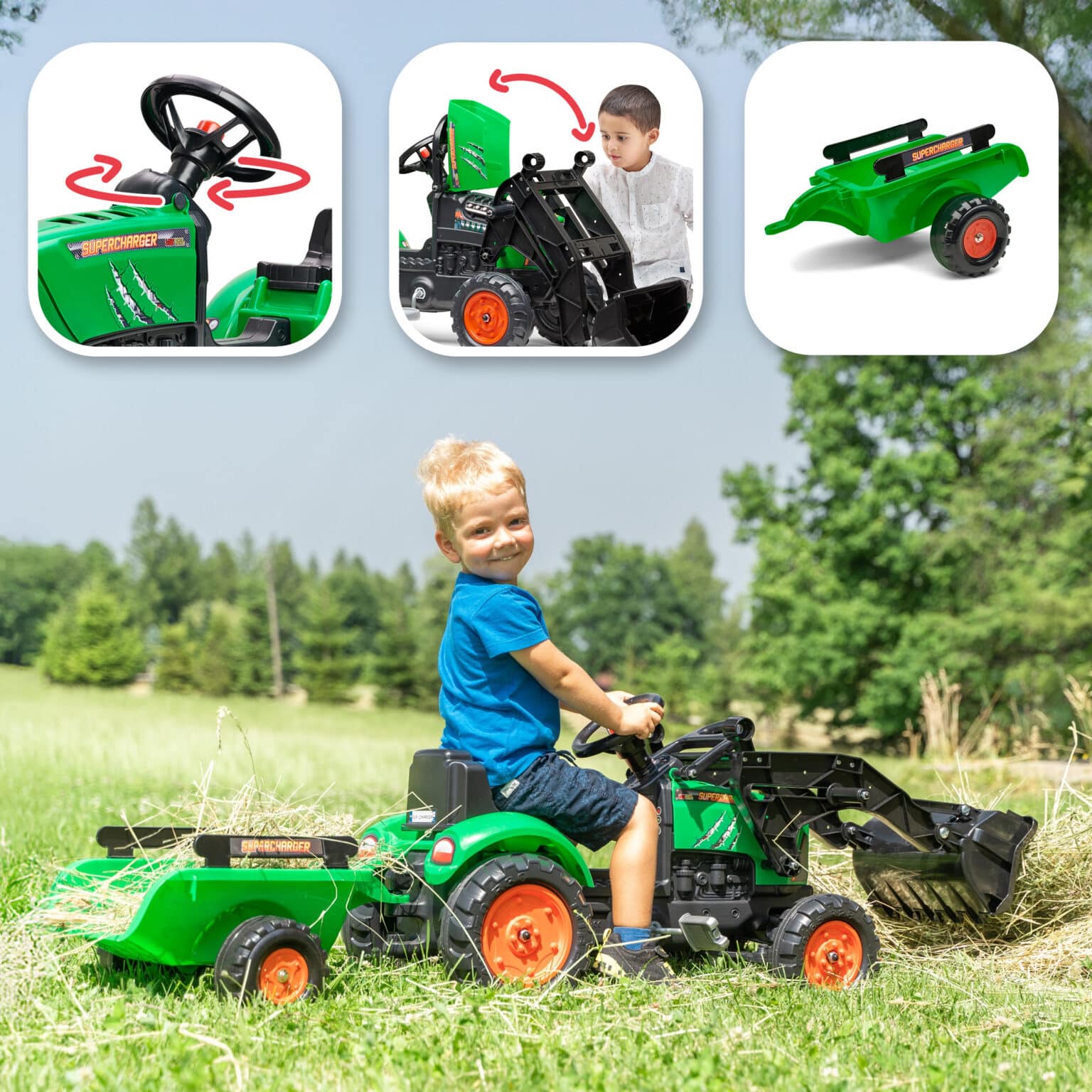 Green Supercharger pedal backhoe with opening bonnet and trailer | FALK ...