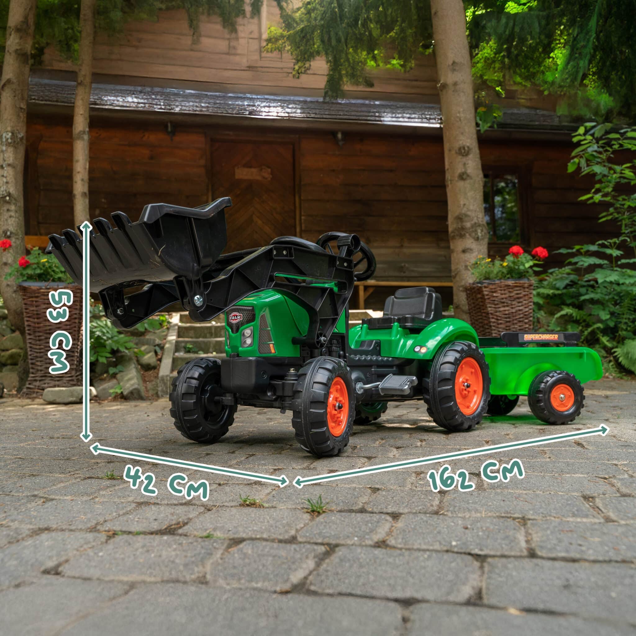 Green Supercharger pedal backhoe with opening bonnet and trailer | FALK ...
