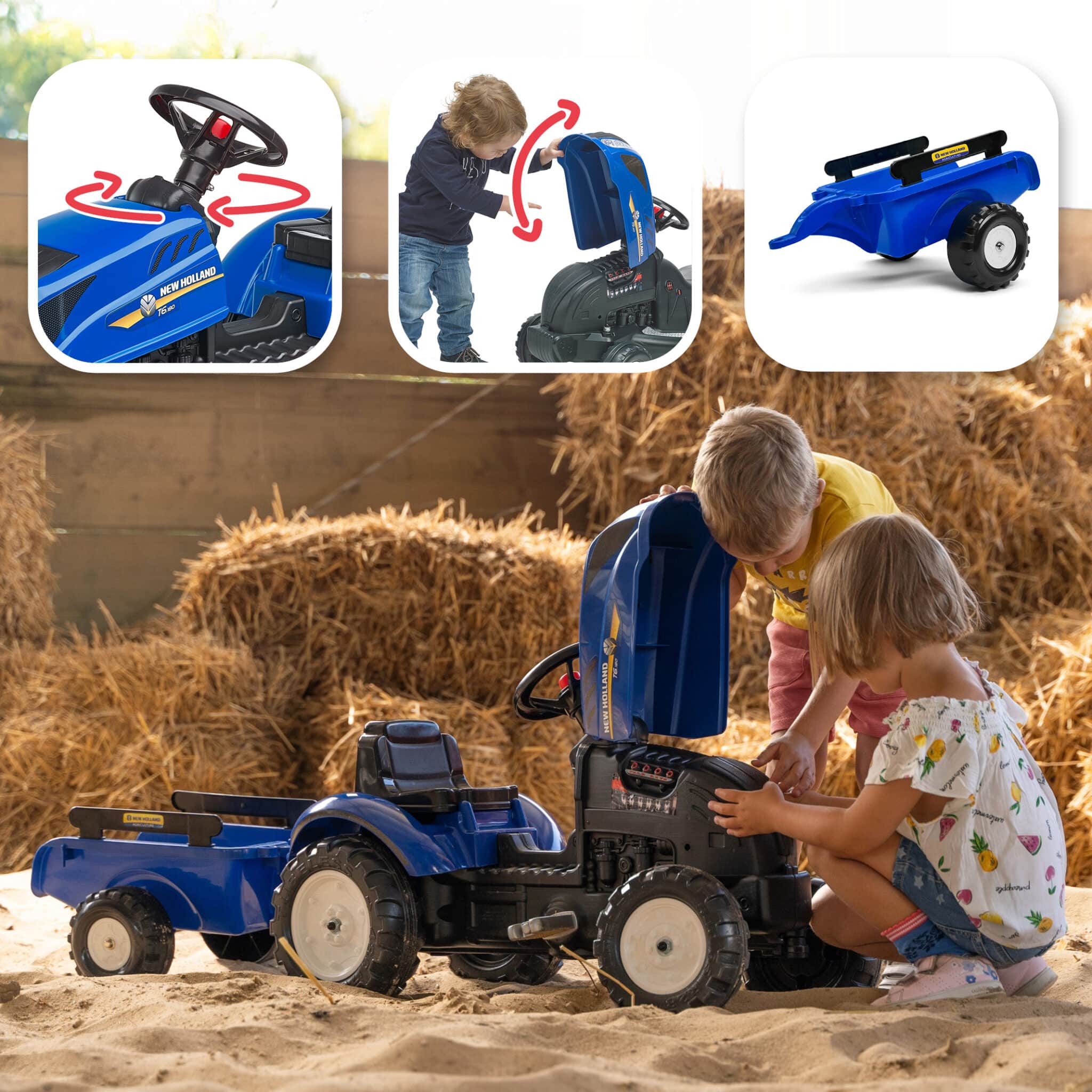 New Holland pedal tractor with opening bonnet and trailer | FALK - Toys ...